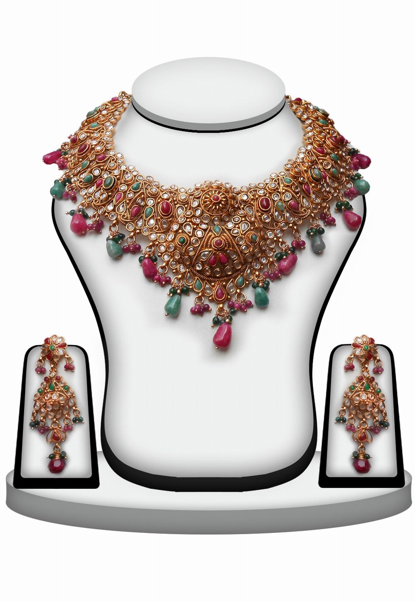Fancy Polki Jewelry Set With Designer Earrings in Red, Green and White ...
