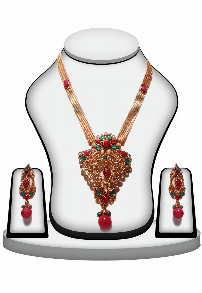 Latest Design White Pearls and Green Stones Pendant Set - VedIndia.com