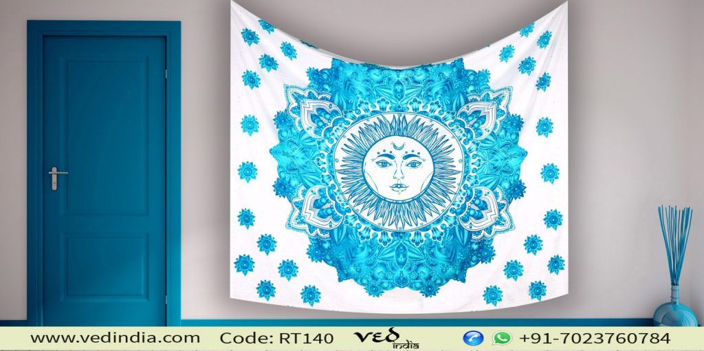 Blue and White Sun Mandala Tapestry Wall Hanging Dorm Bedspread ...
