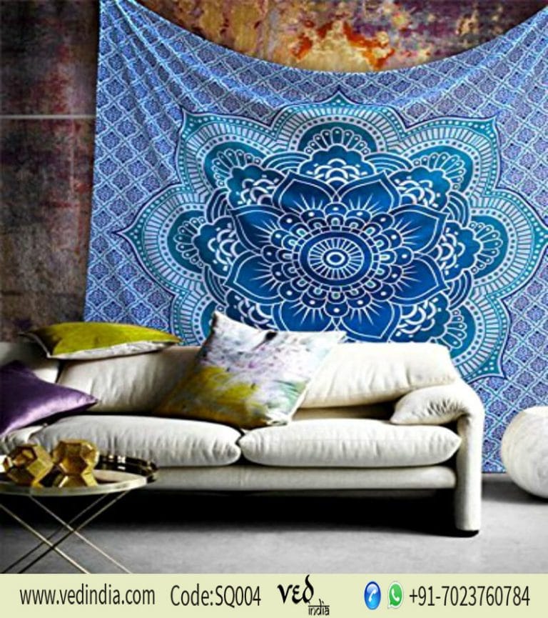 Indian Lotus Flower Tapestry Wall Hanging Blue Color - VedIndia.com